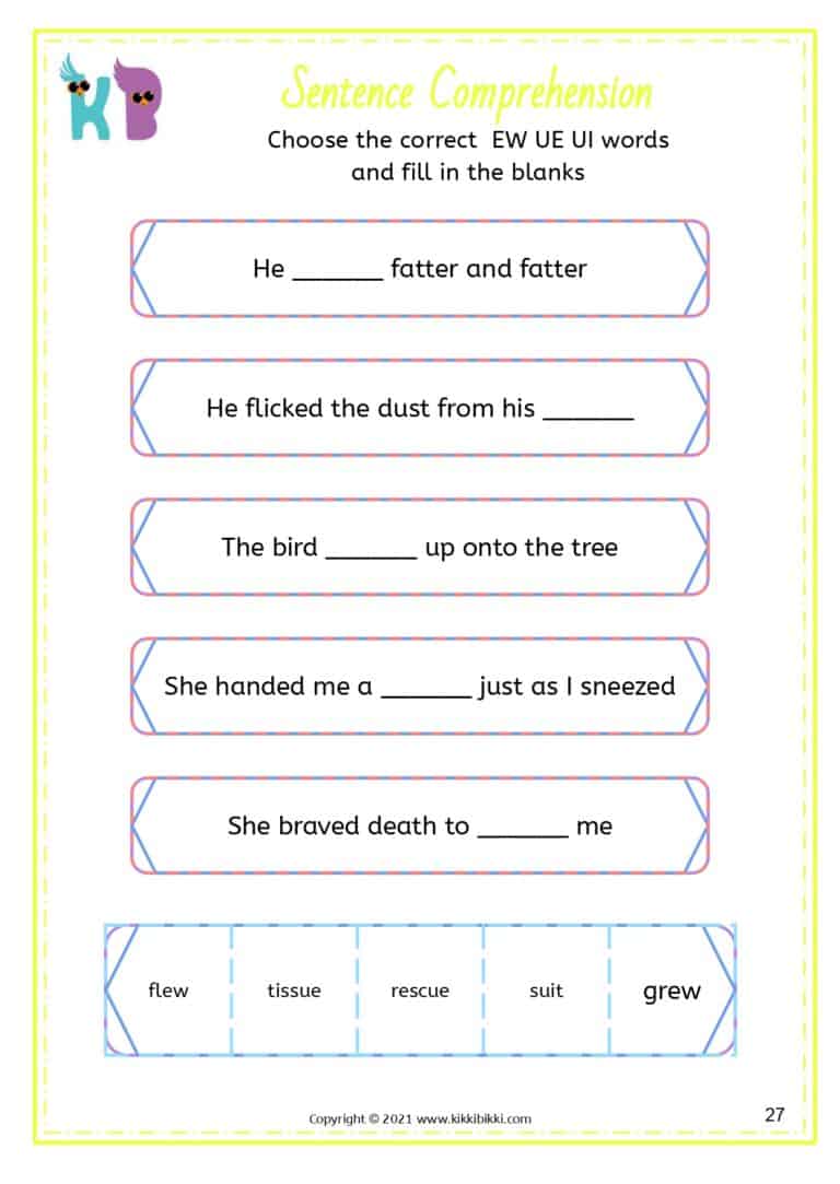 Learn to spell ew, ue, ui Words - Phonics Worksheets - KikkiBikki