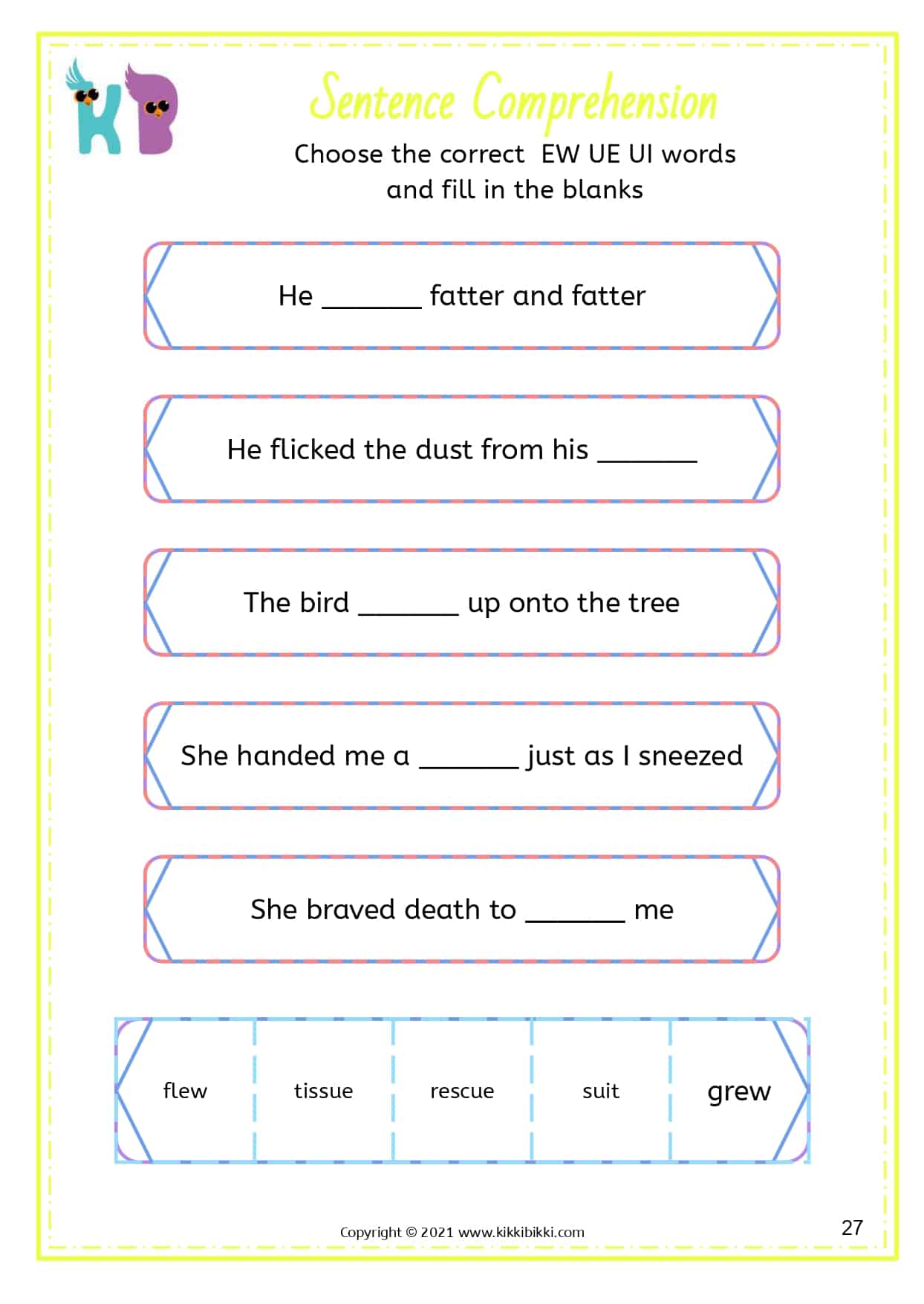Learn to spell ew, ue, ui Words - Phonics Worksheets - KikkiBikki