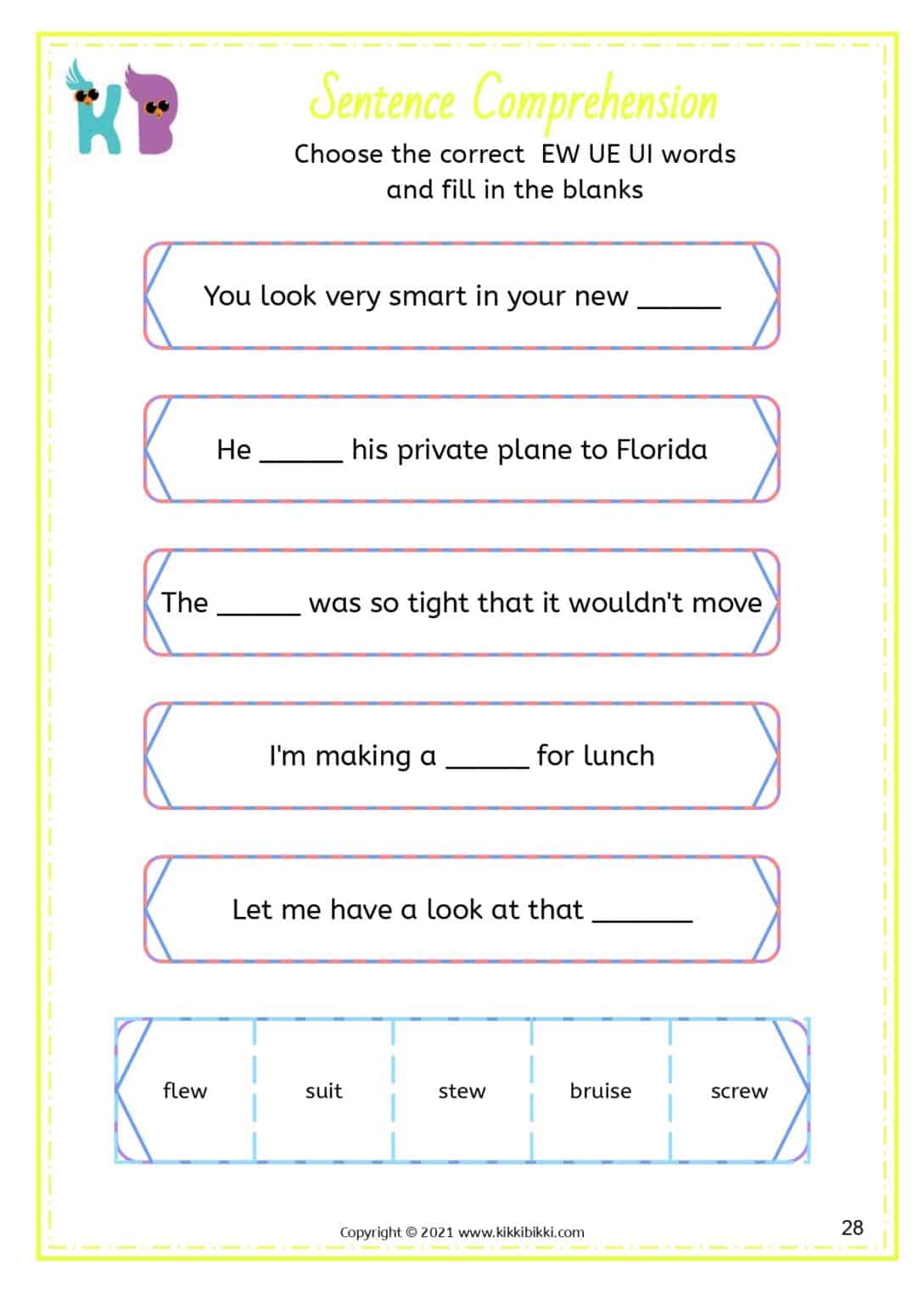 Learn to spell ew, ue, ui Words - Phonics Worksheets - KikkiBikki