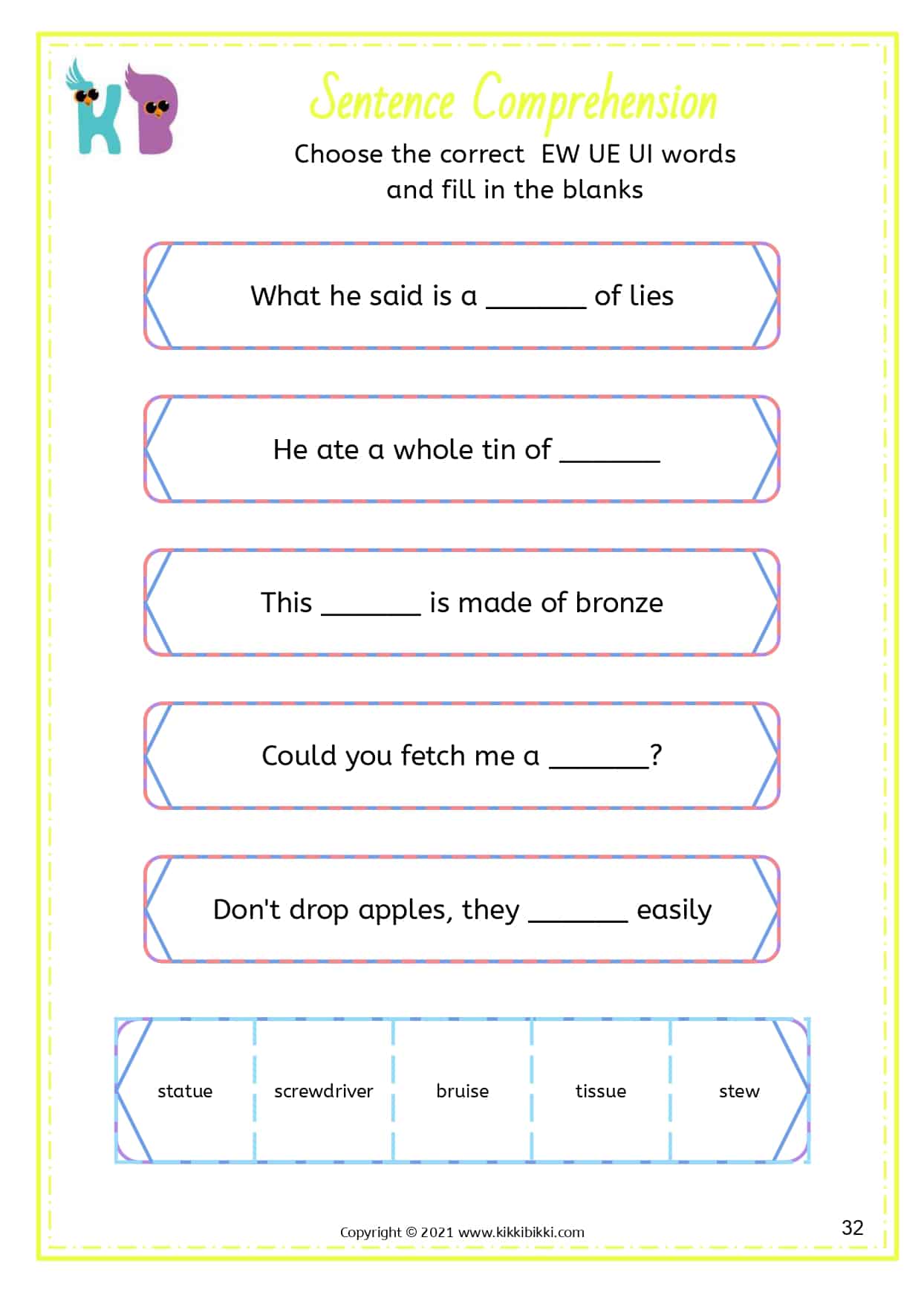 Learn to spell ew, ue, ui Words - Phonics Worksheets - KikkiBikki