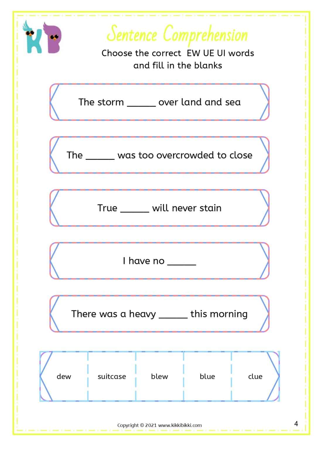 Learn to spell ew, ue, ui Words - Phonics Worksheets - KikkiBikki