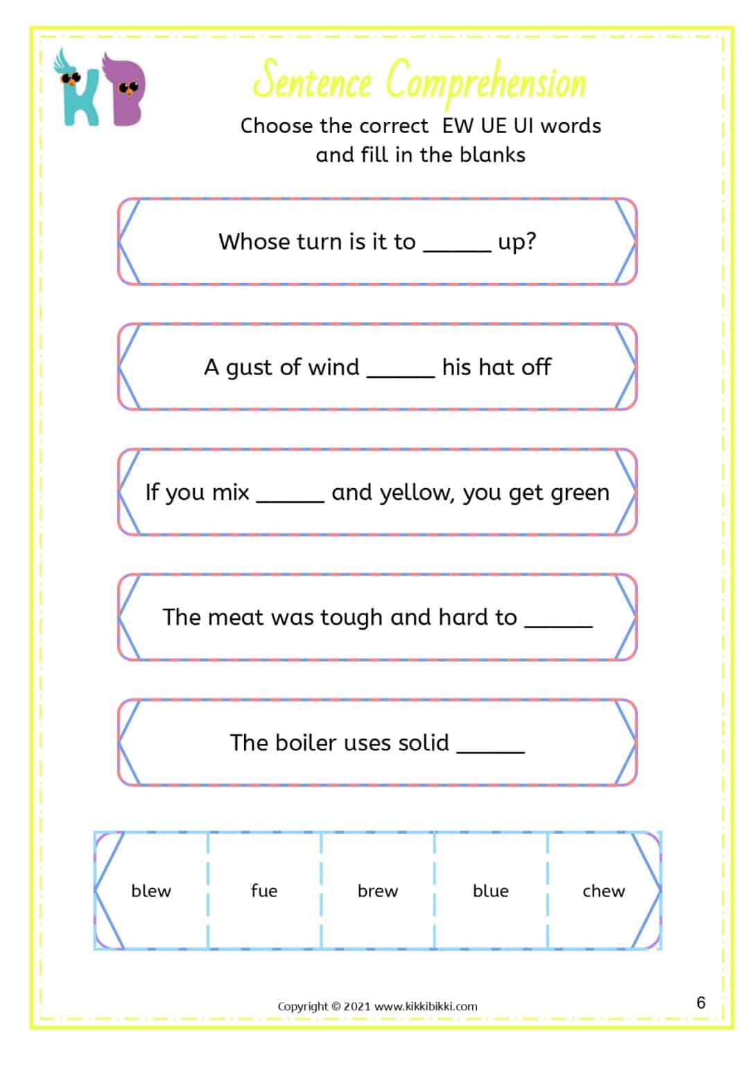 Learn to spell ew, ue, ui Words - Phonics Worksheets - KikkiBikki
