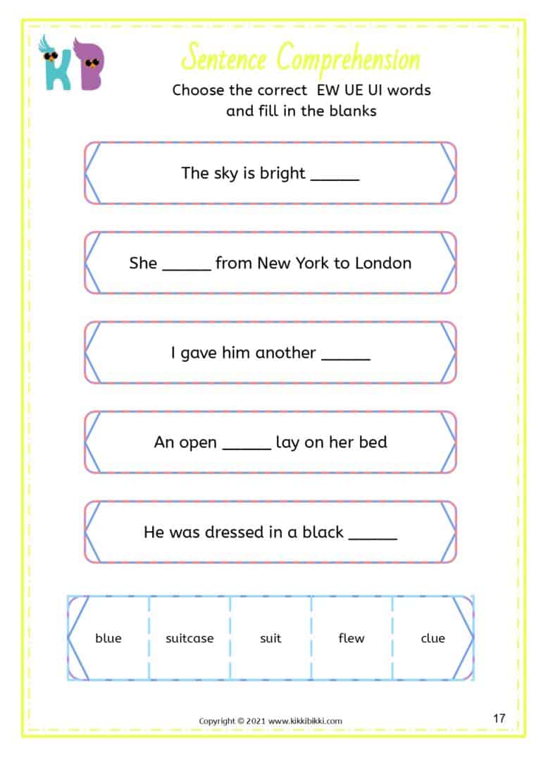 Learn to spell ew, ue, ui Words - Phonics Worksheets - KikkiBikki