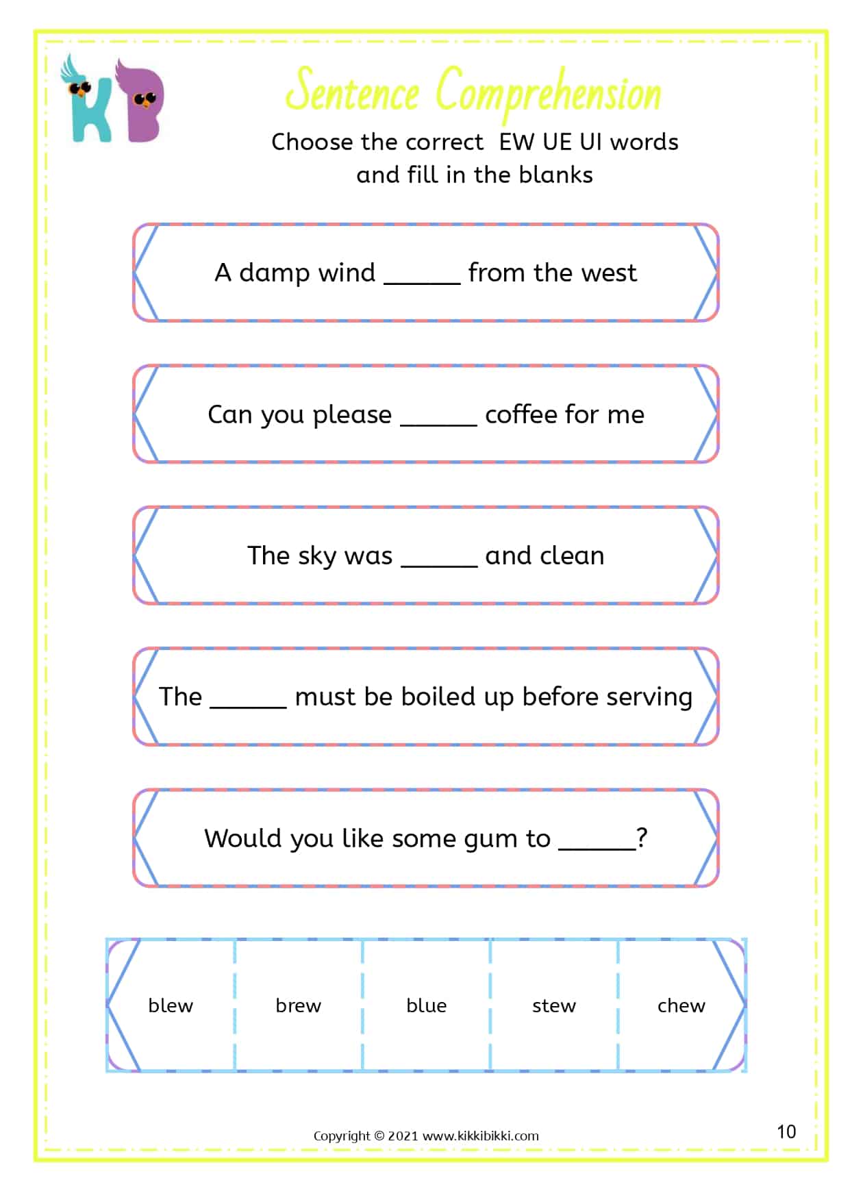 Learn to spell ew, ue, ui Words - Phonics Worksheets - KikkiBikki