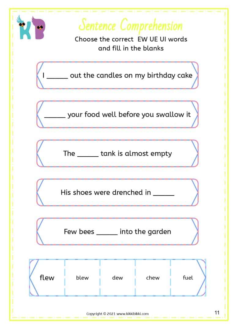 Learn to spell ew, ue, ui Words - Phonics Worksheets - KikkiBikki