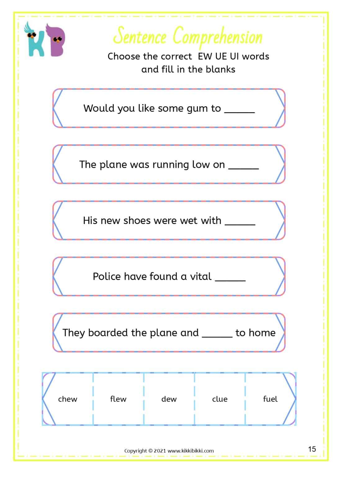 Learn to spell ew, ue, ui Words - Phonics Worksheets - KikkiBikki