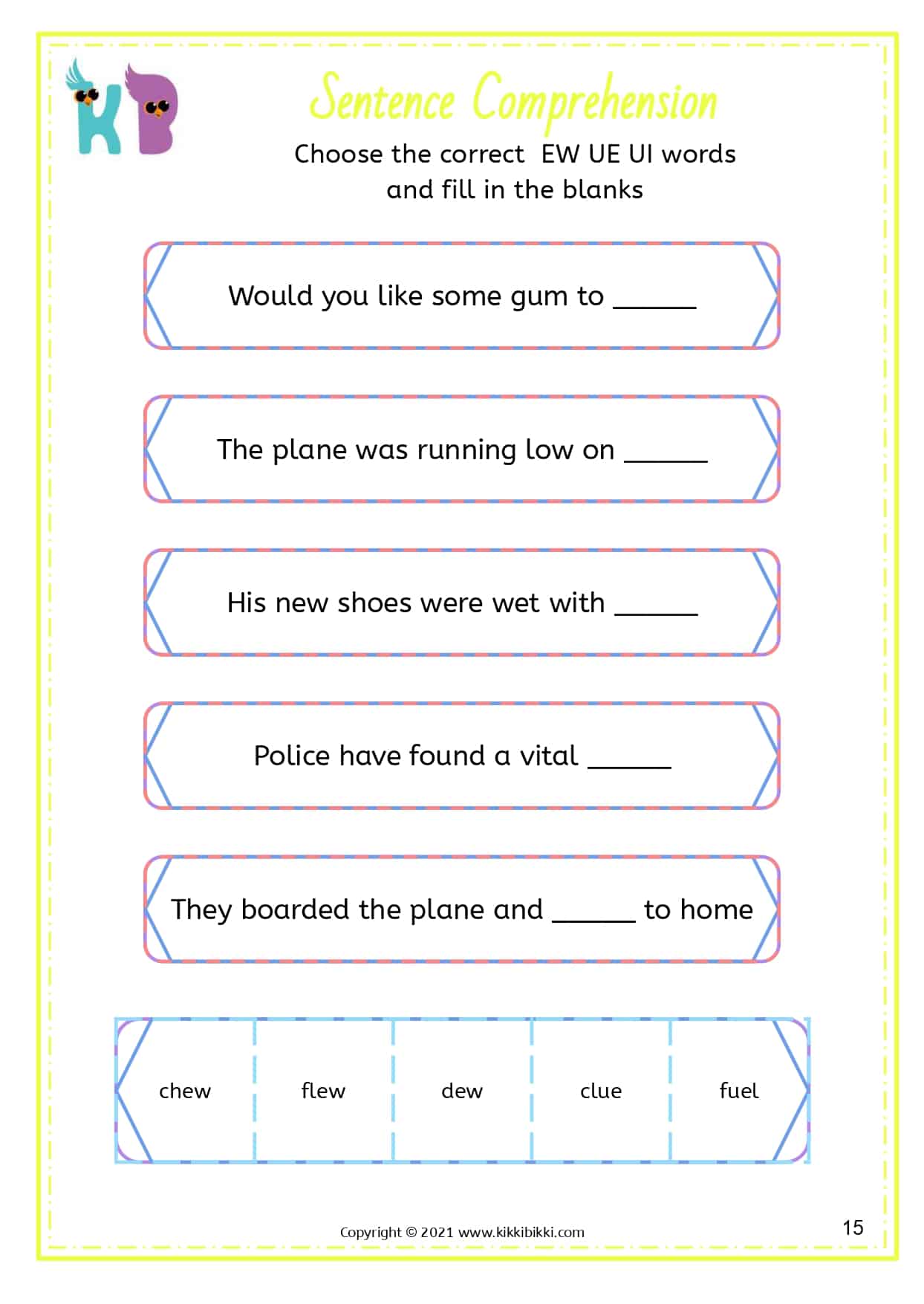 Learn to spell ew, ue, ui Words - Phonics Worksheets - KikkiBikki