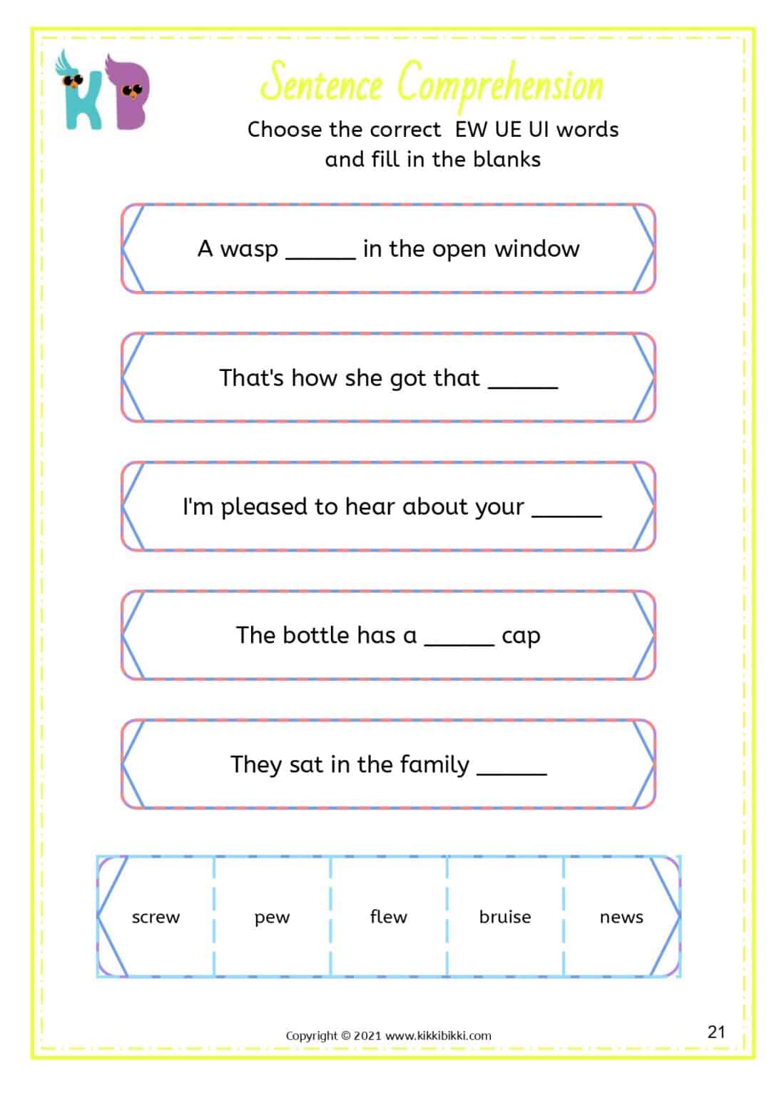 Learn to spell ew, ue, ui Words - Phonics Worksheets - KikkiBikki