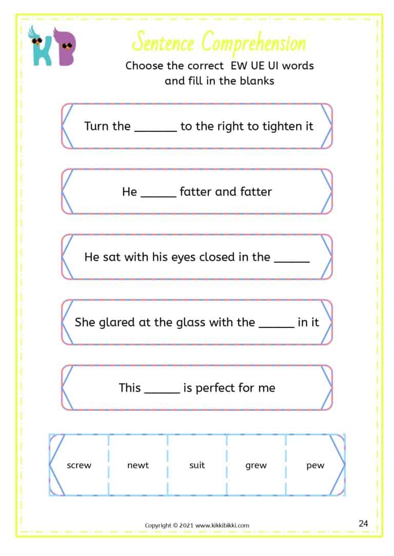Learn to spell ew, ue, ui Words - Phonics Worksheets - KikkiBikki
