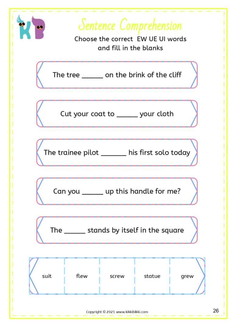 Learn to spell ew, ue, ui Words - Phonics Worksheets - KikkiBikki