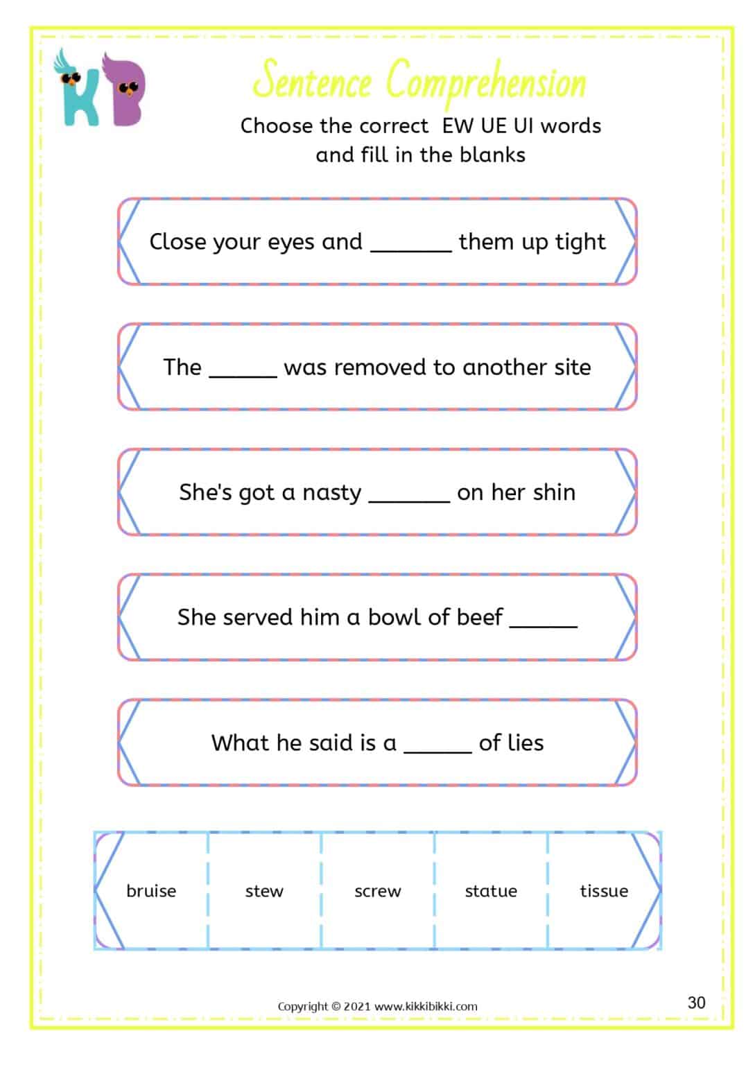 Learn to spell ew, ue, ui Words - Phonics Worksheets - KikkiBikki