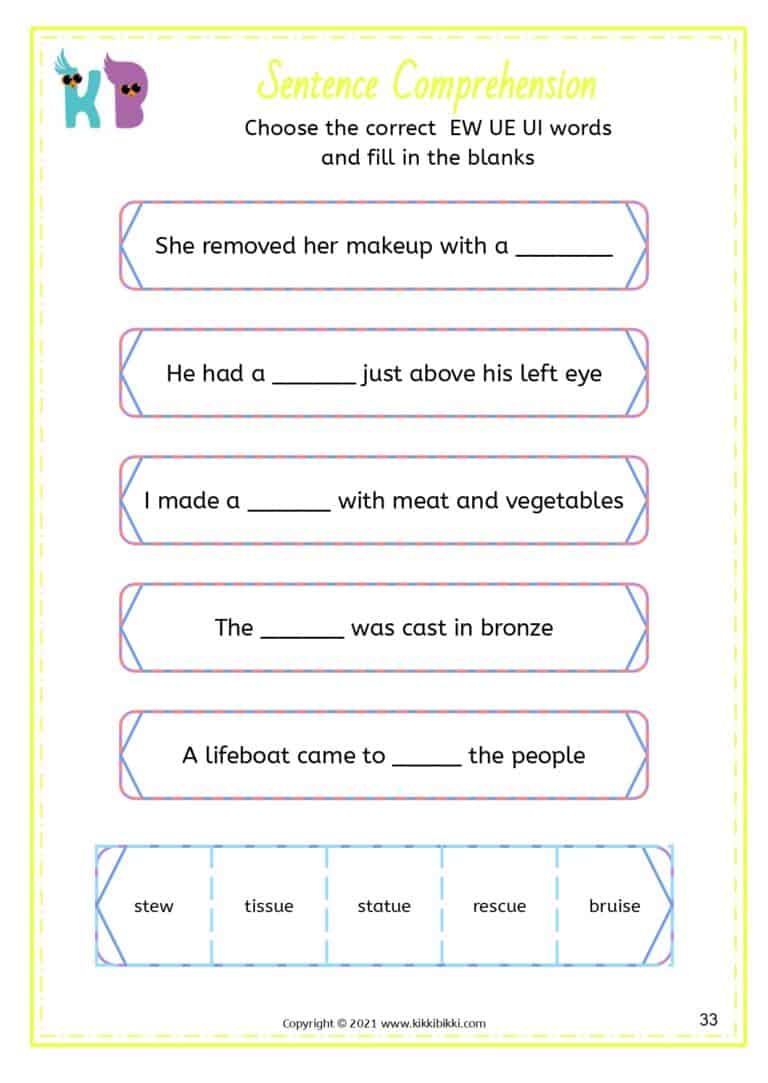 Learn to spell ew, ue, ui Words - Phonics Worksheets - KikkiBikki