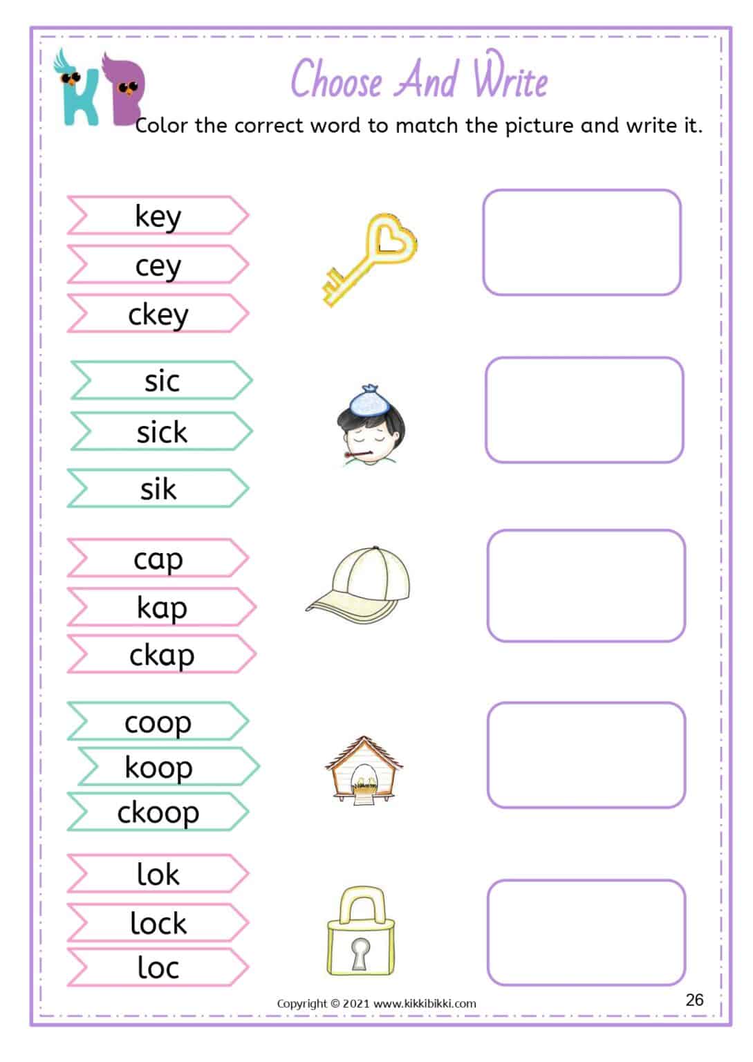 Learn to Spell c, k, ck Words - KikkiBikki - Kindergarten Worksheets