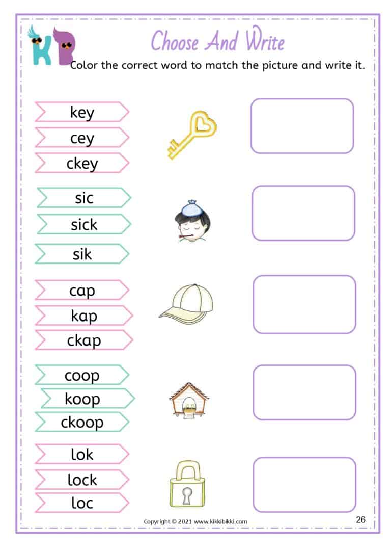 Learn to Spell c, k, ck Words - KikkiBikki - Kindergarten Worksheets