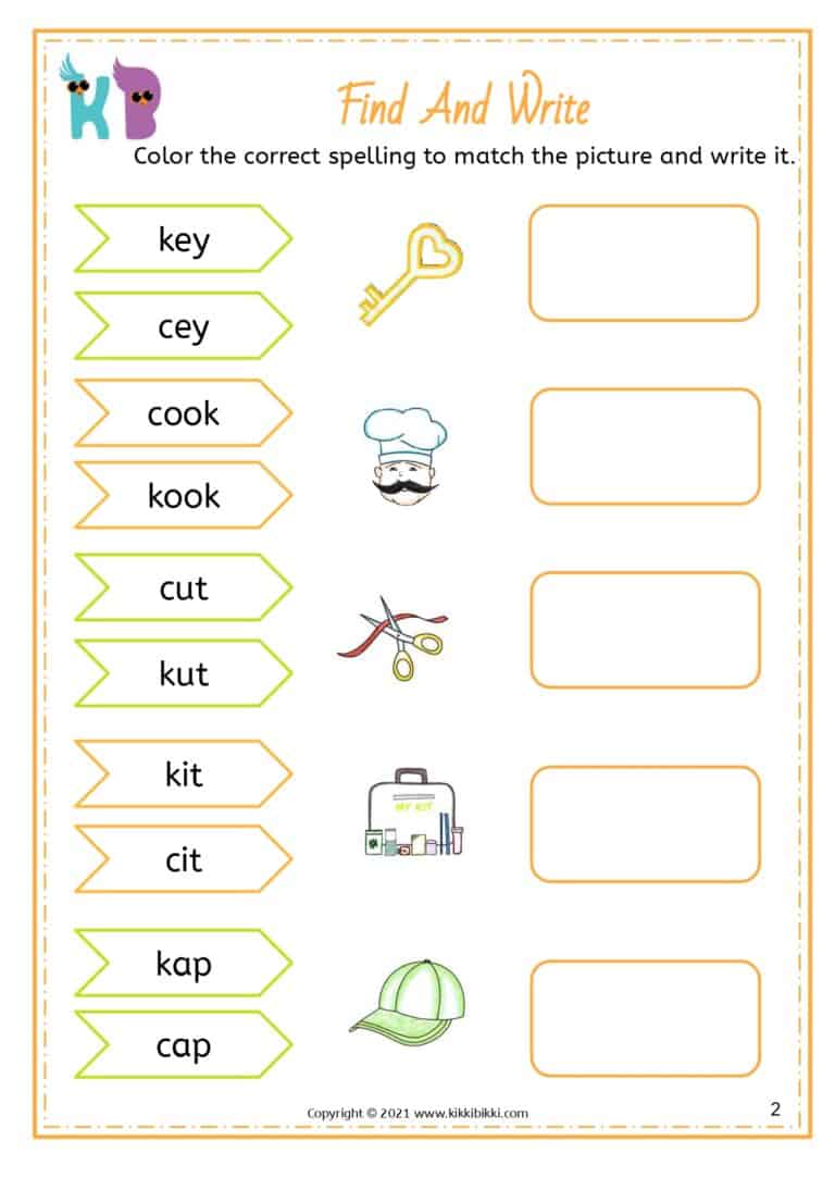 Learn to Spell c, k, ck Words - KikkiBikki - Kindergarten Worksheets