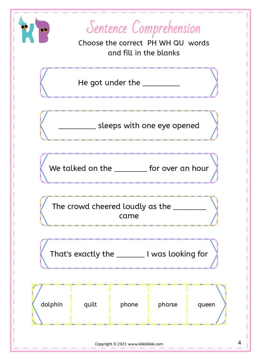 Explore PH, WH, QU digraphs through Comprehension Worksheets