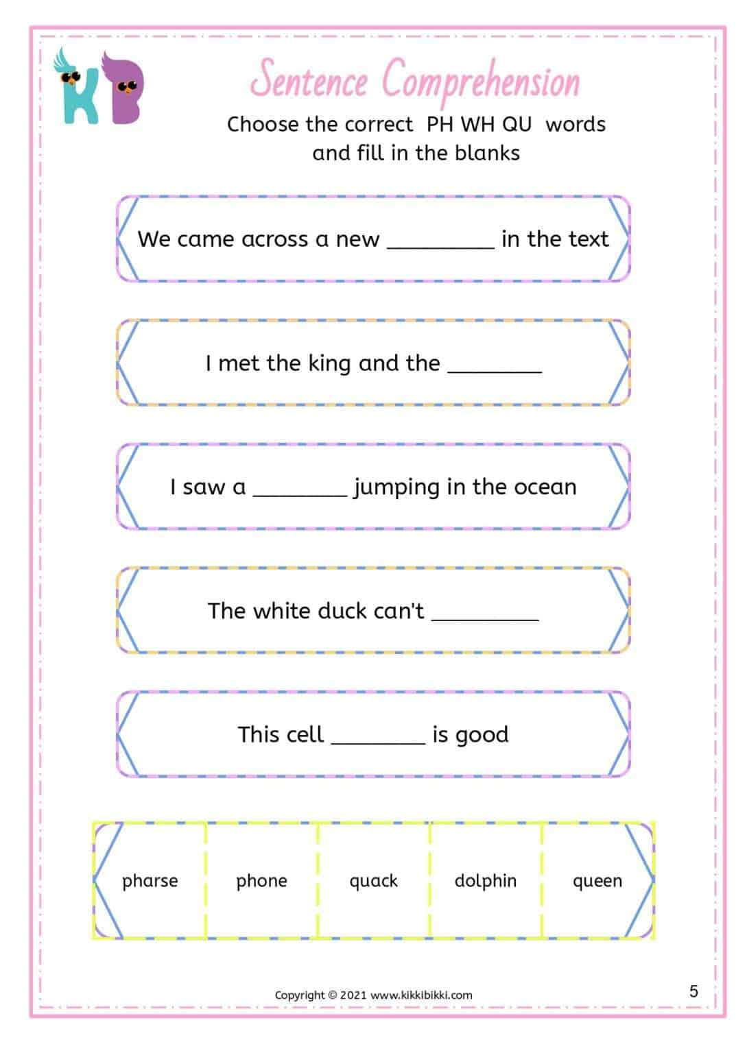 Explore PH, WH, QU digraphs through Comprehension Worksheets