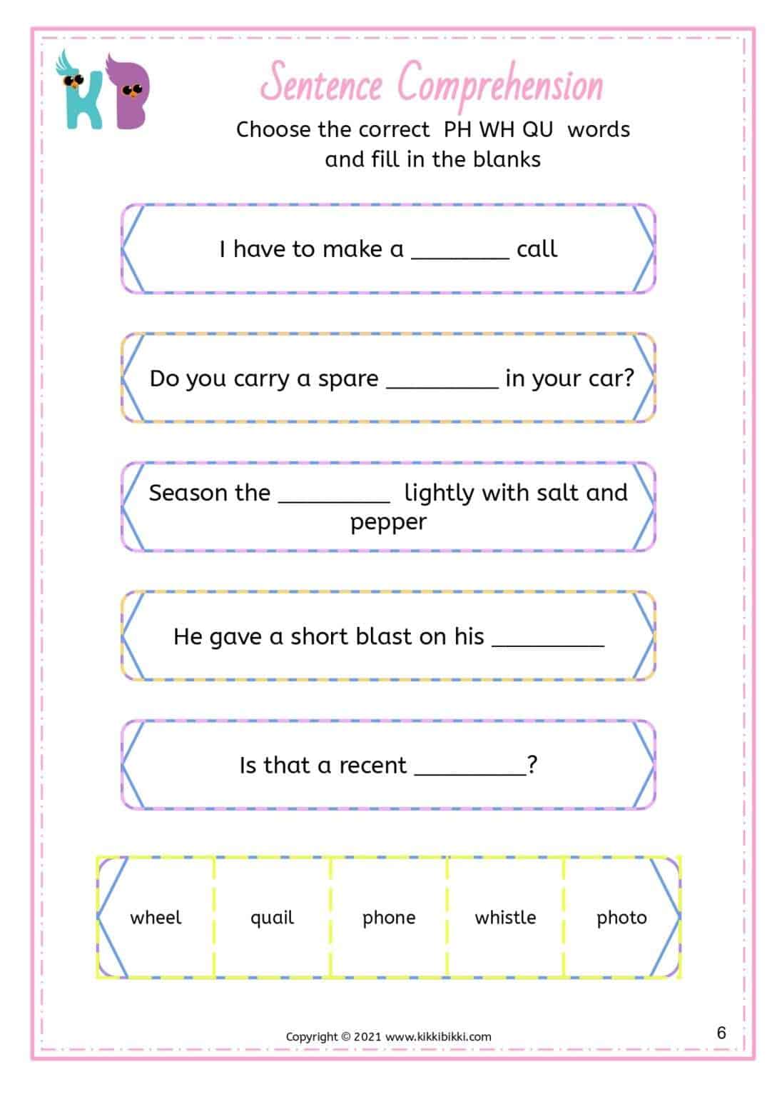 Explore PH, WH, QU digraphs through Comprehension Worksheets