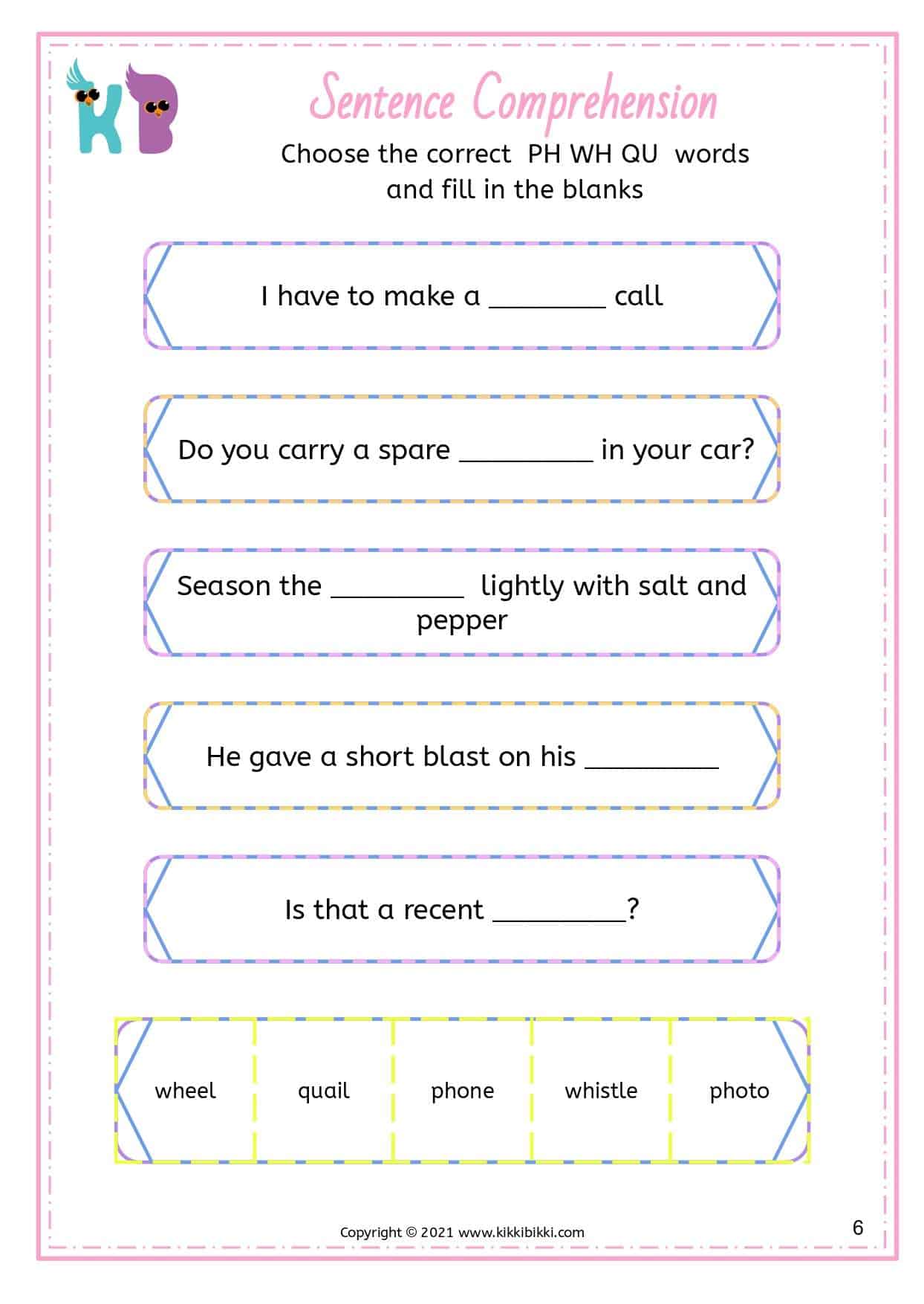 Explore PH, WH, QU digraphs through Comprehension Worksheets