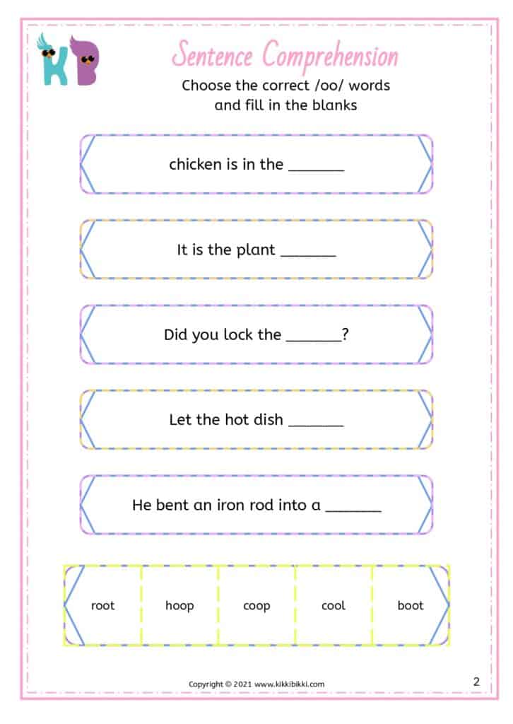 Sentence Comprehension Worksheets for ‘OO’ Words
