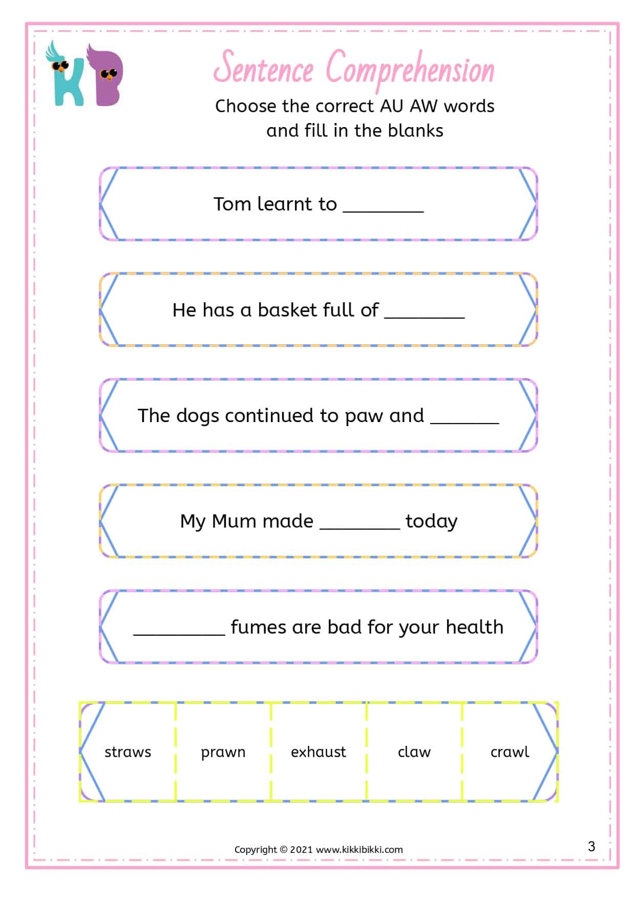 Sentence Comprehension Worksheets for AU and AW Words