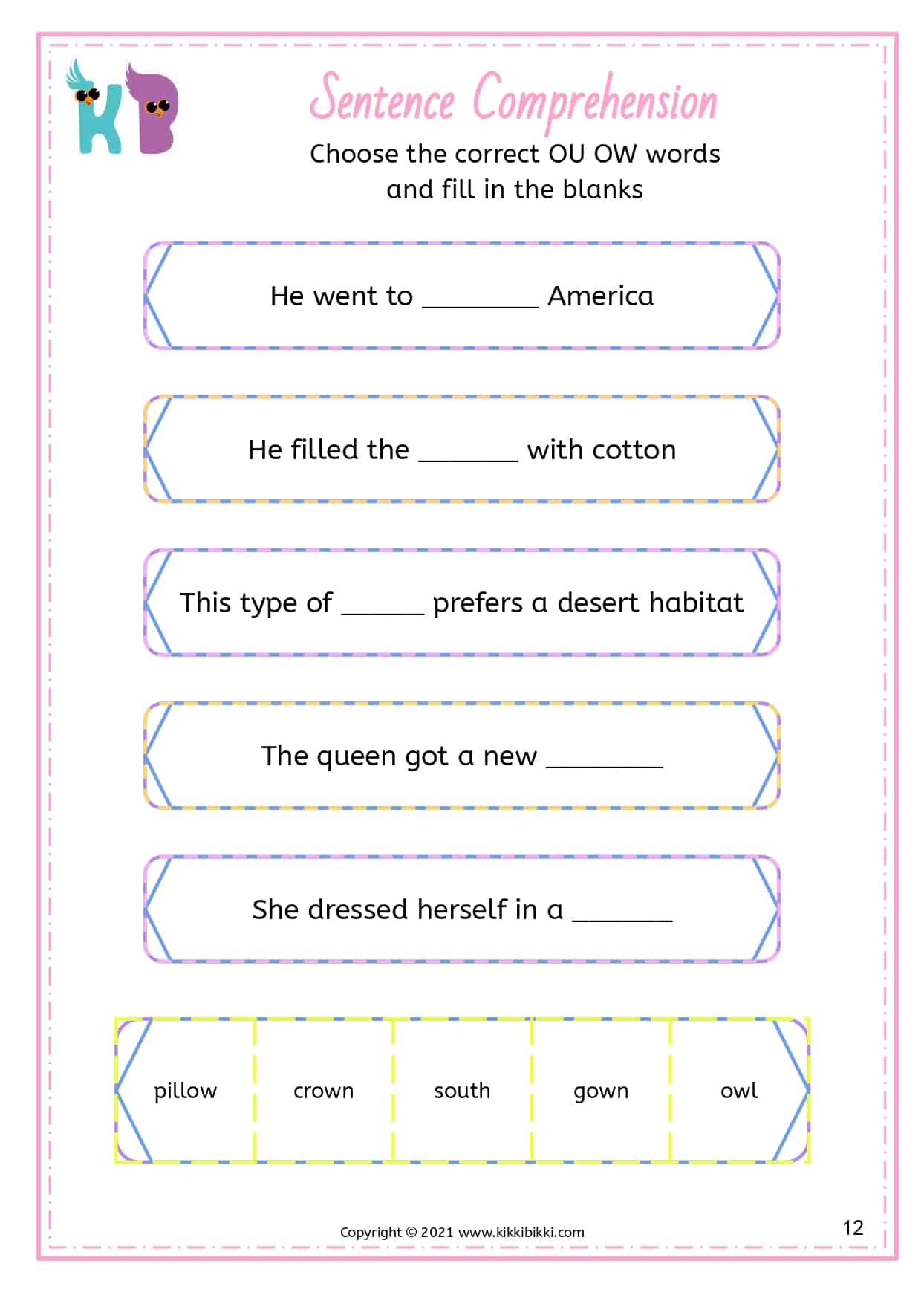 Sentence Comprehension Worksheets for OU and OW Words
