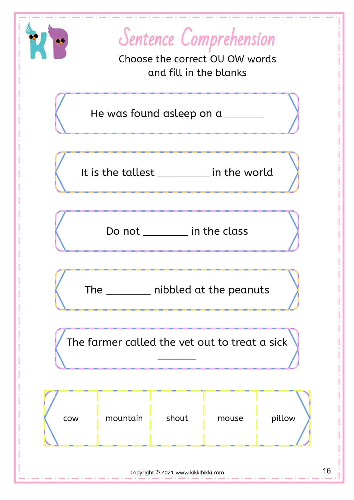 Sentence Comprehension Worksheets for OU and OW Words