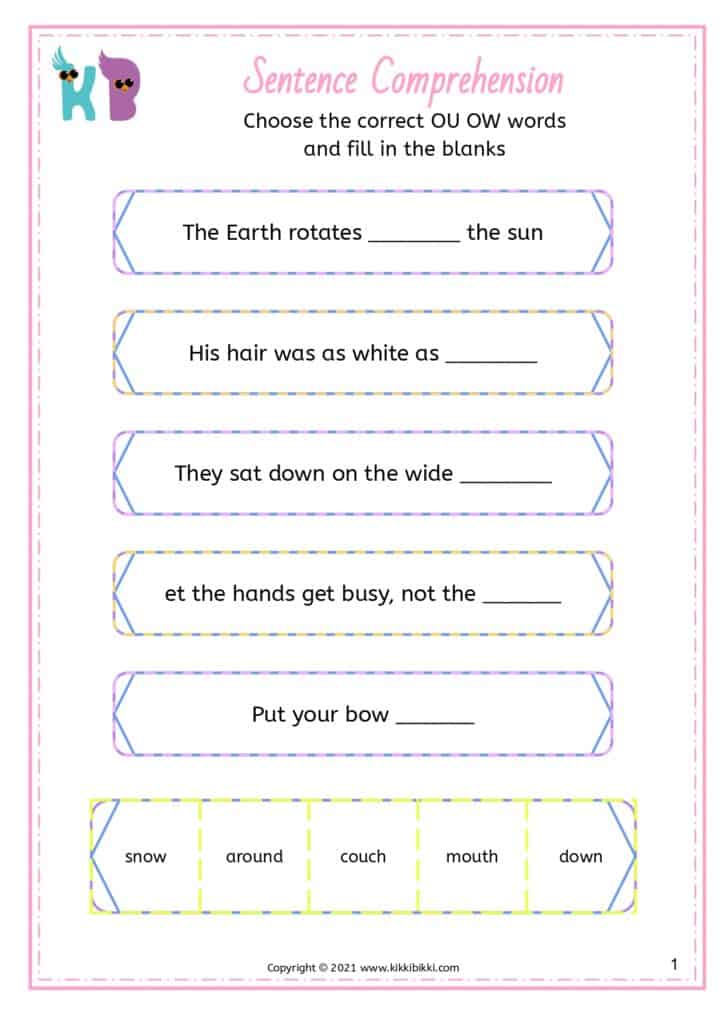 Sentence Comprehension Worksheets for OU and OW Words