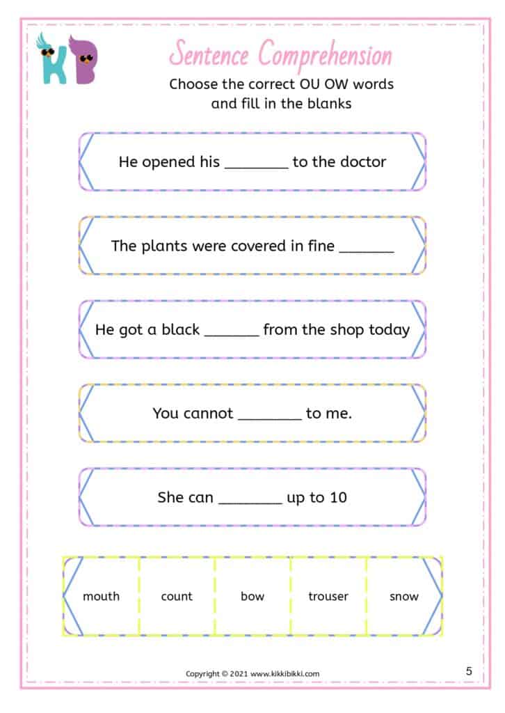 Sentence Comprehension Worksheets for OU and OW Words