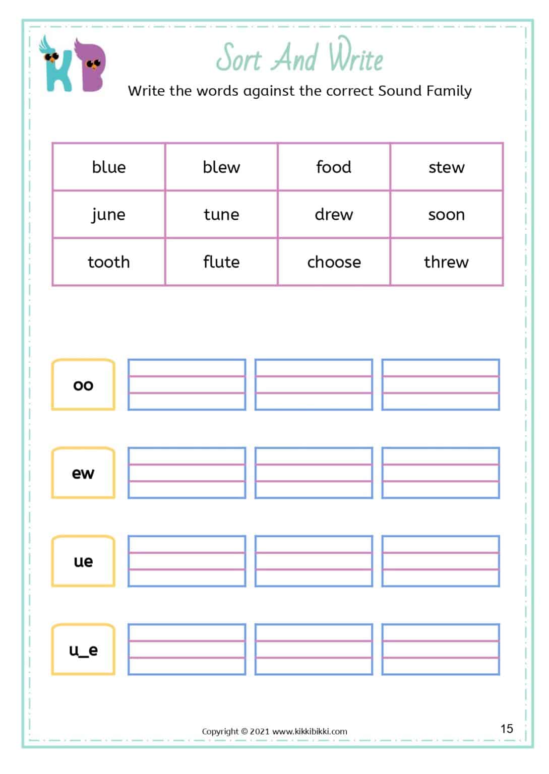 Learn to Spell oo-ew-ue Words | Phonics Printable Worksheets