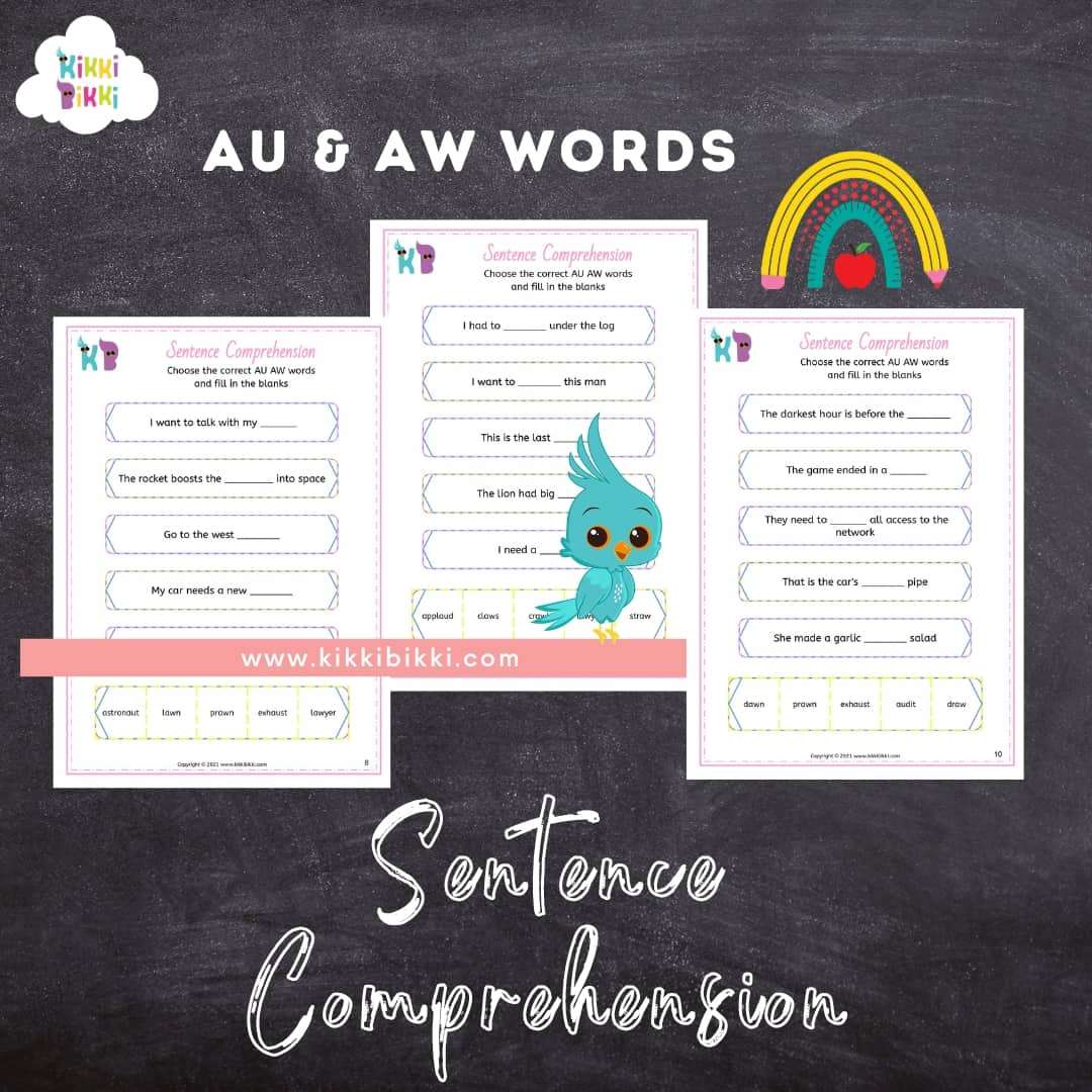 Sentence Comprehension Worksheets for AU and AW Words