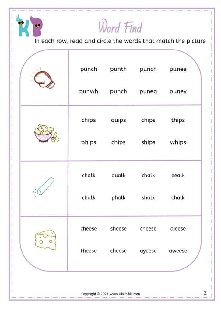 Consonant Digraph CH Sound Reading and Finding Worksheet