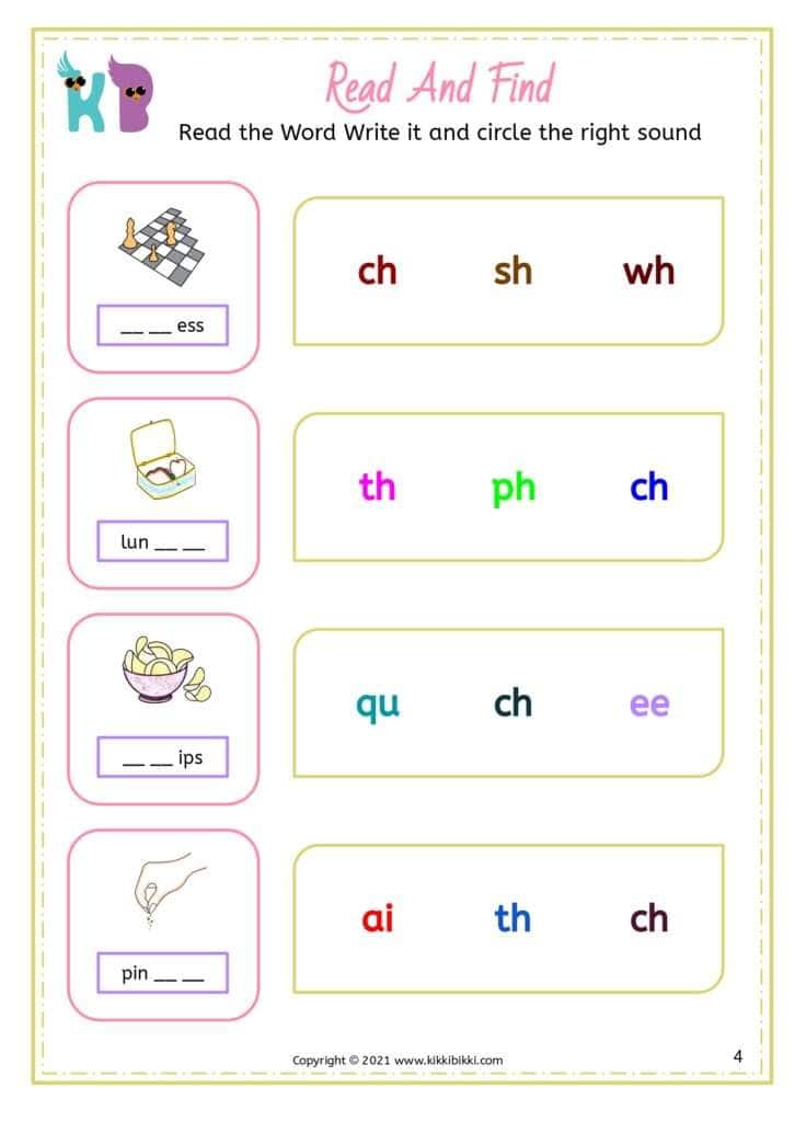 Consonant Digraph CH Sound Reading and Finding Worksheet