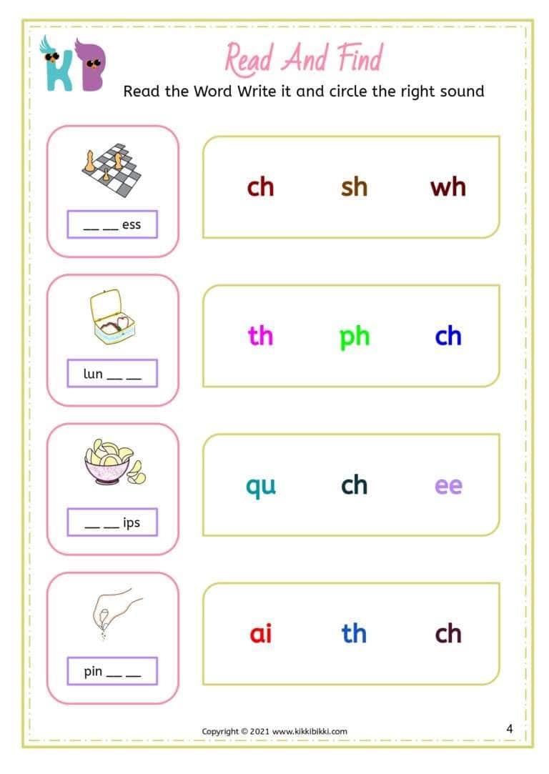 Consonant Digraph CH Sound Reading and Finding Worksheet