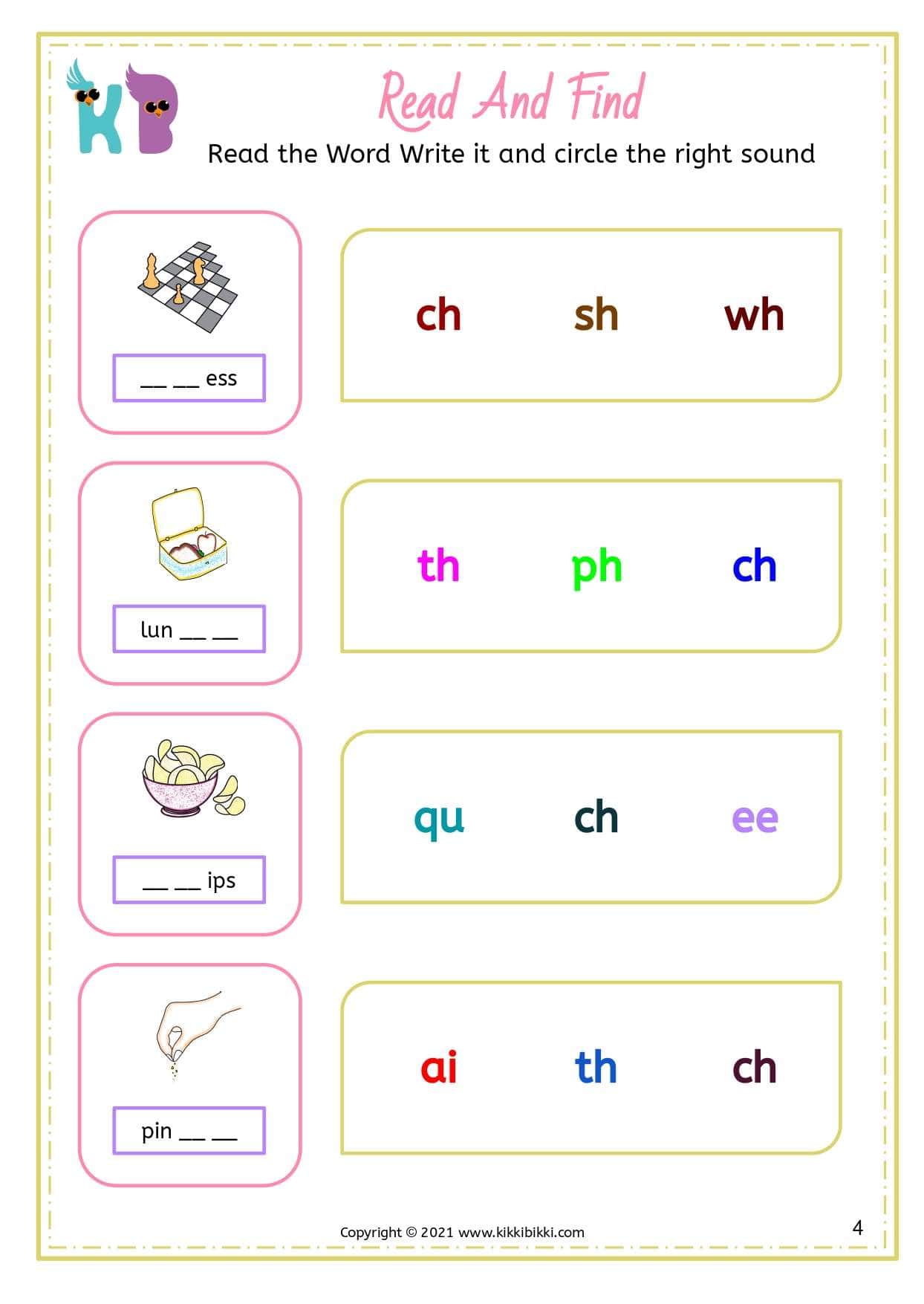Consonant Digraph CH Sound Reading and Finding Worksheet