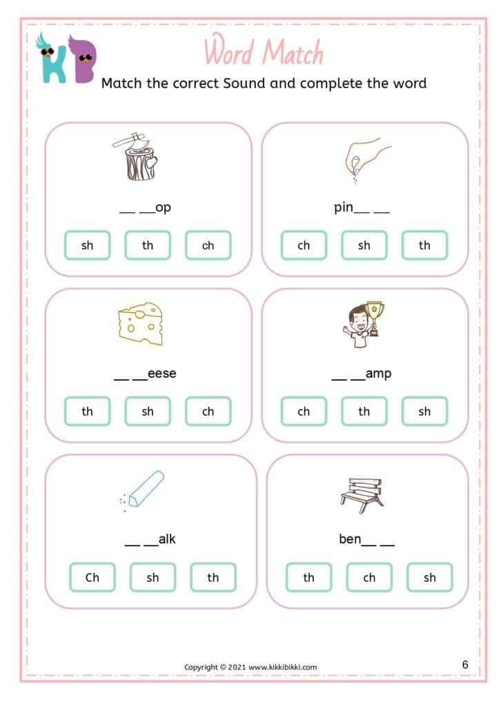 Consonant Digraph CH Sound Word Match Worksheet