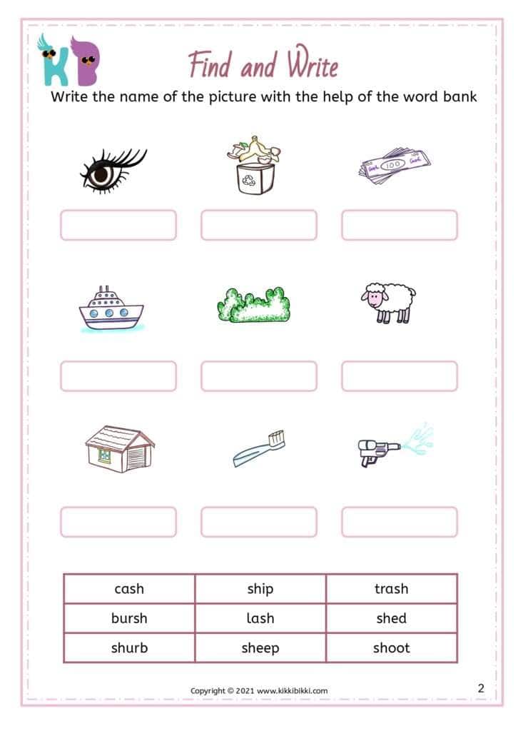 Consonant Digraph SH Sound Find and Write Worksheets for Kids