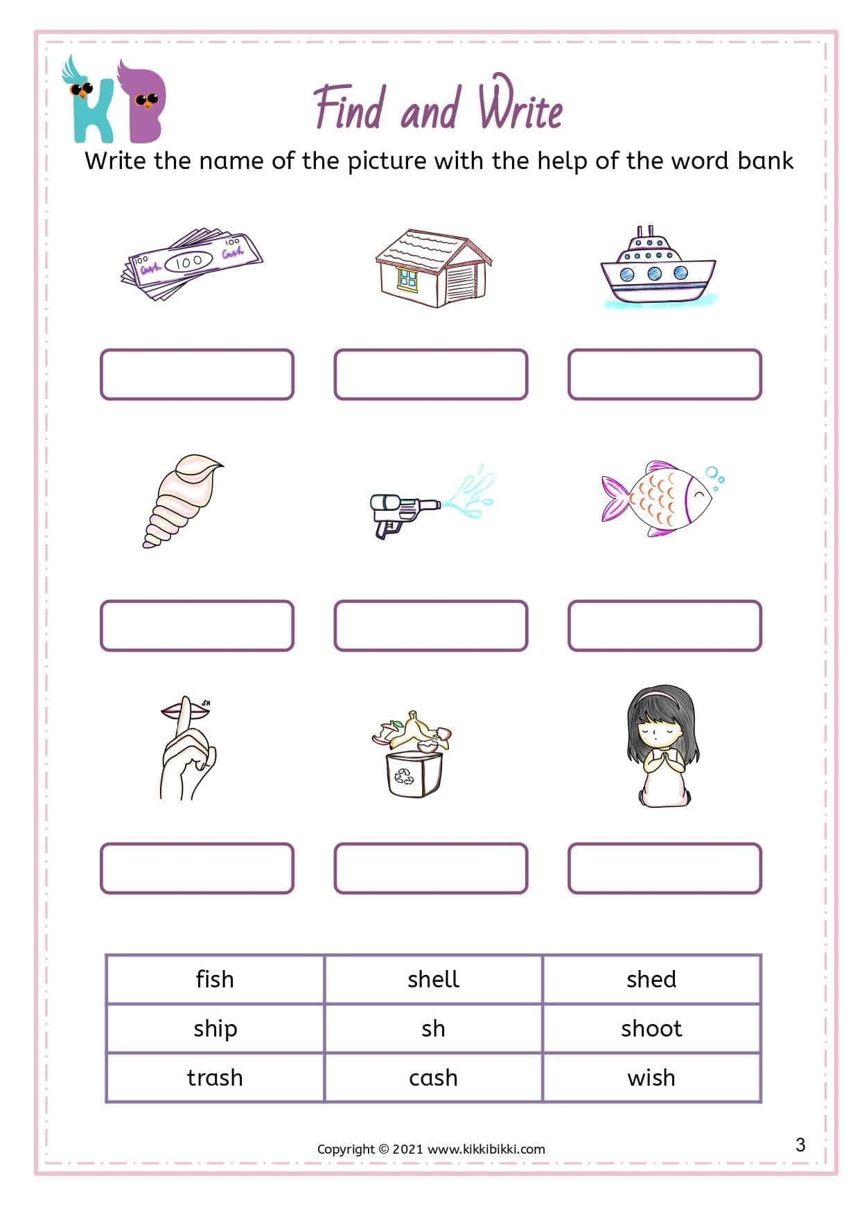 Consonant Digraph SH Sound Find and Write Worksheets for Kids