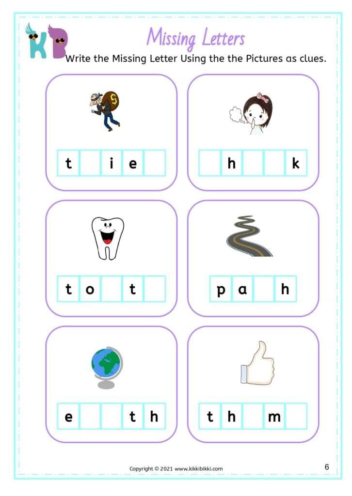 Consonant Digraph TH Sound Missing Letters Worksheet