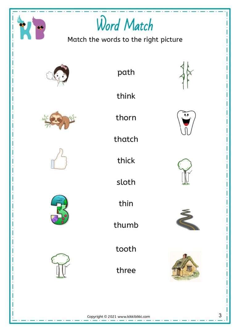 Introduction to 'TH' Sound Word Match Worksheets