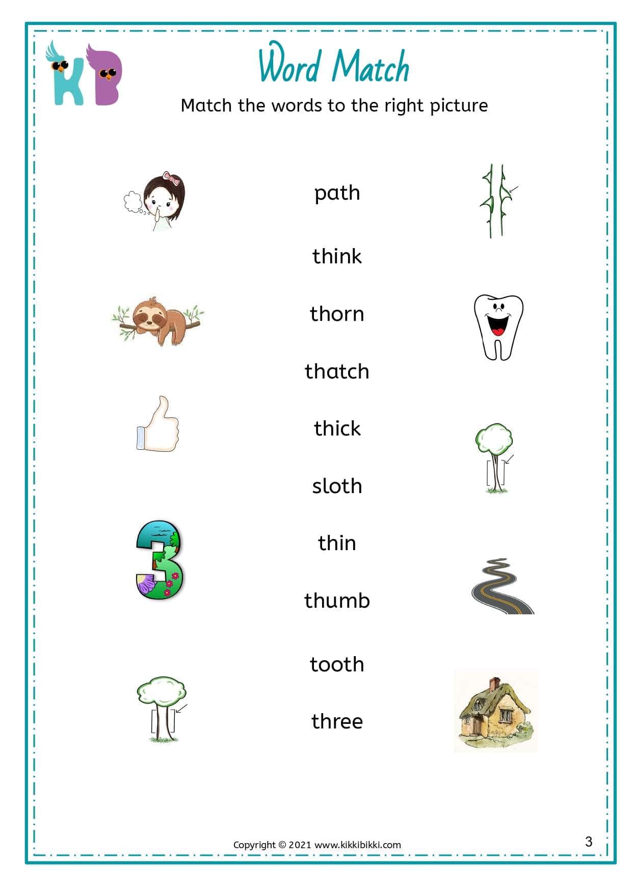 Introduction to 'TH' Sound Word Match Worksheets