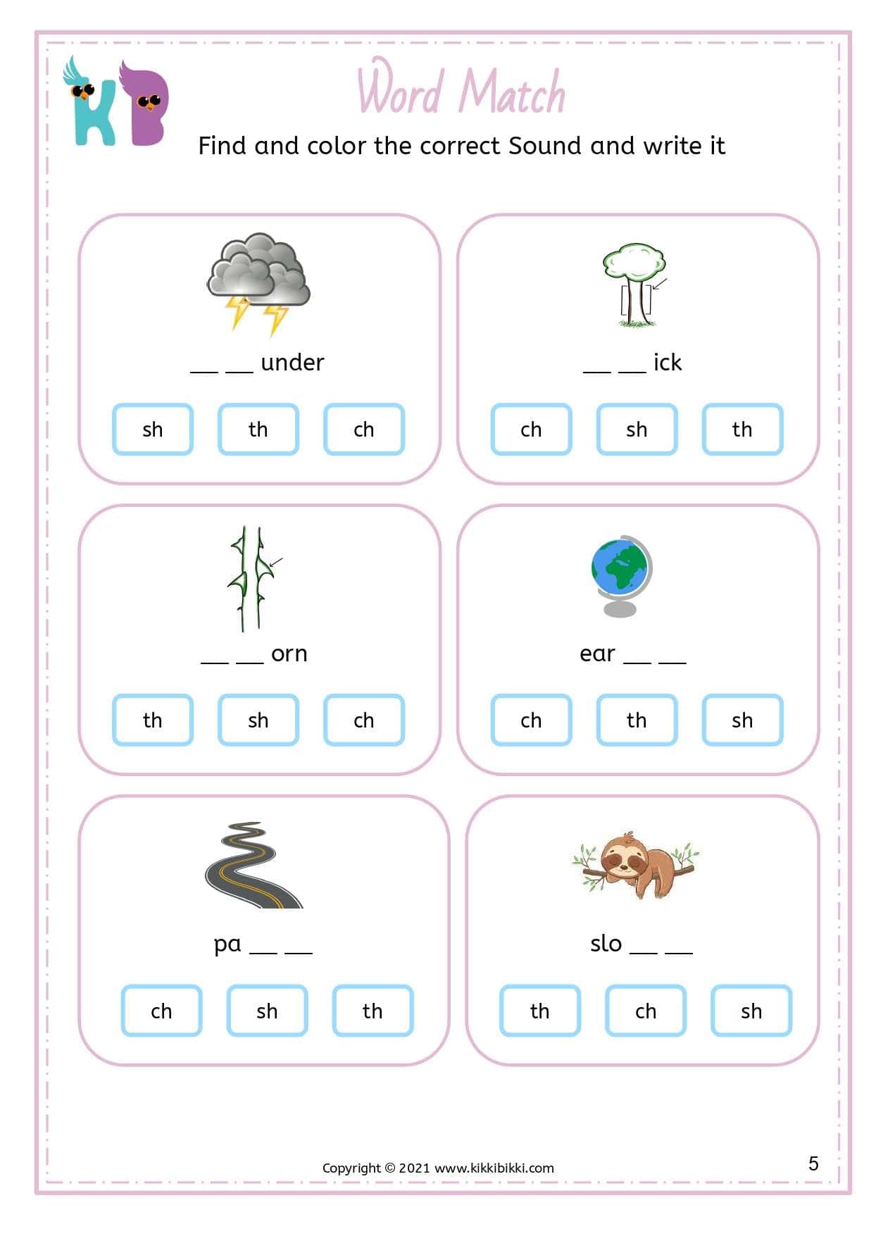 Introduction to 'TH' Sound Word Match Worksheets