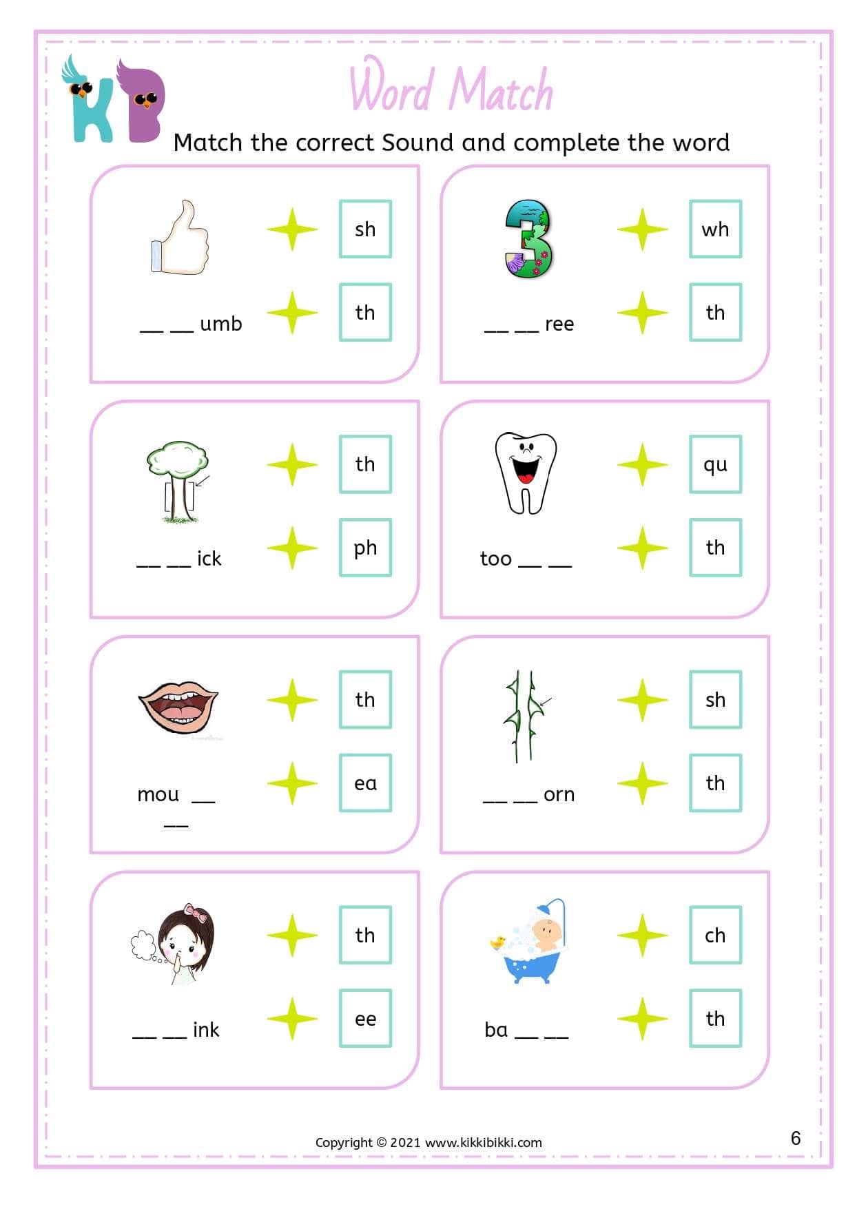 Introduction to 'TH' Sound Word Match Worksheets