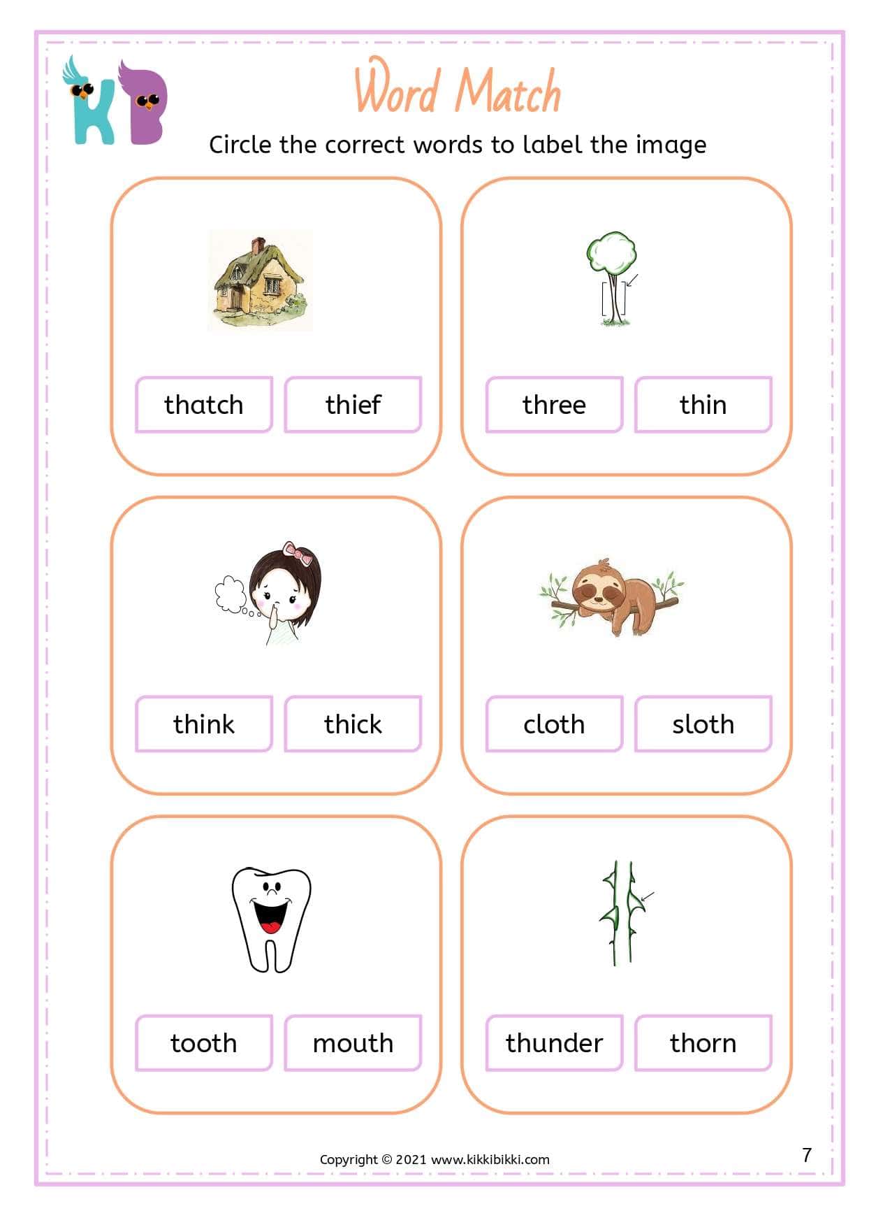 Introduction to 'TH' Sound Word Match Worksheets