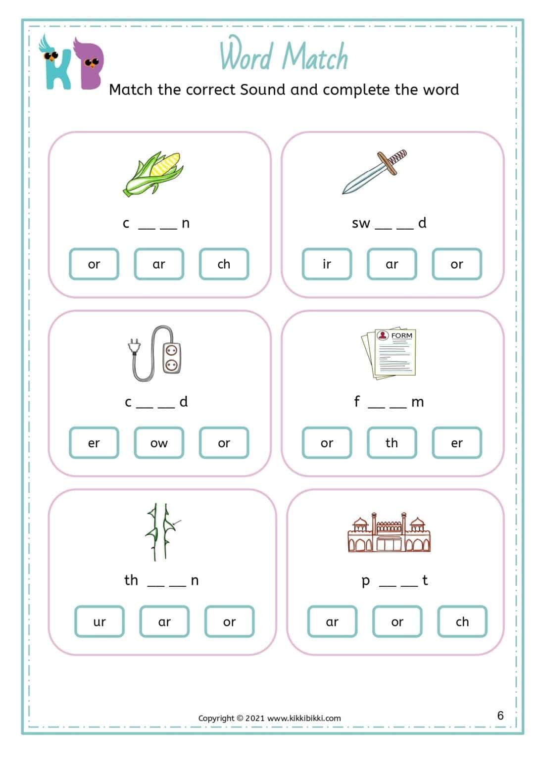 OR Word Families with Word Match Worksheets