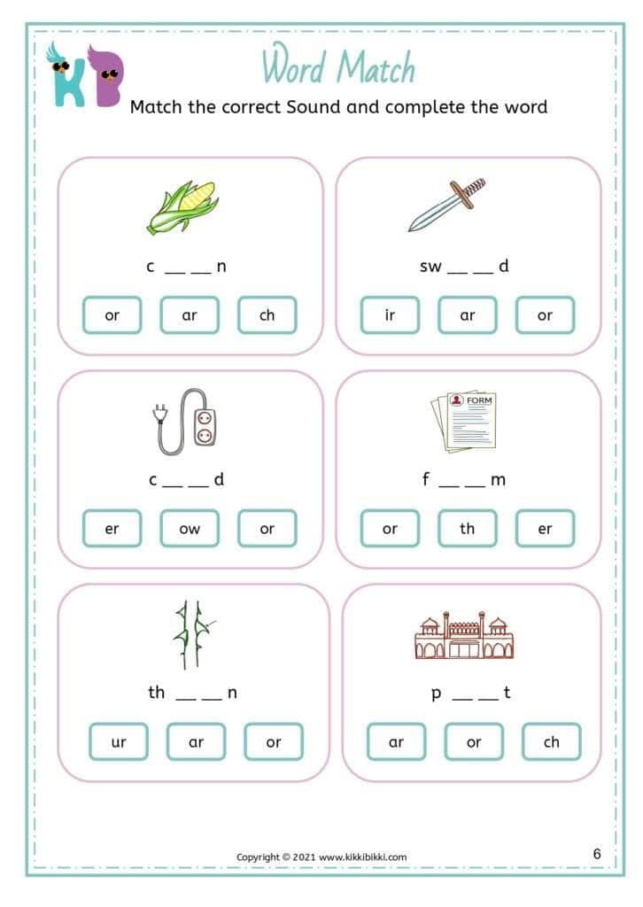 OR Word Families with Word Match Worksheets