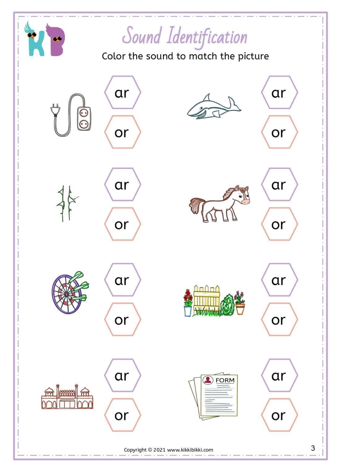 AR and OR Sound Families - Sound Identification Worksheets
