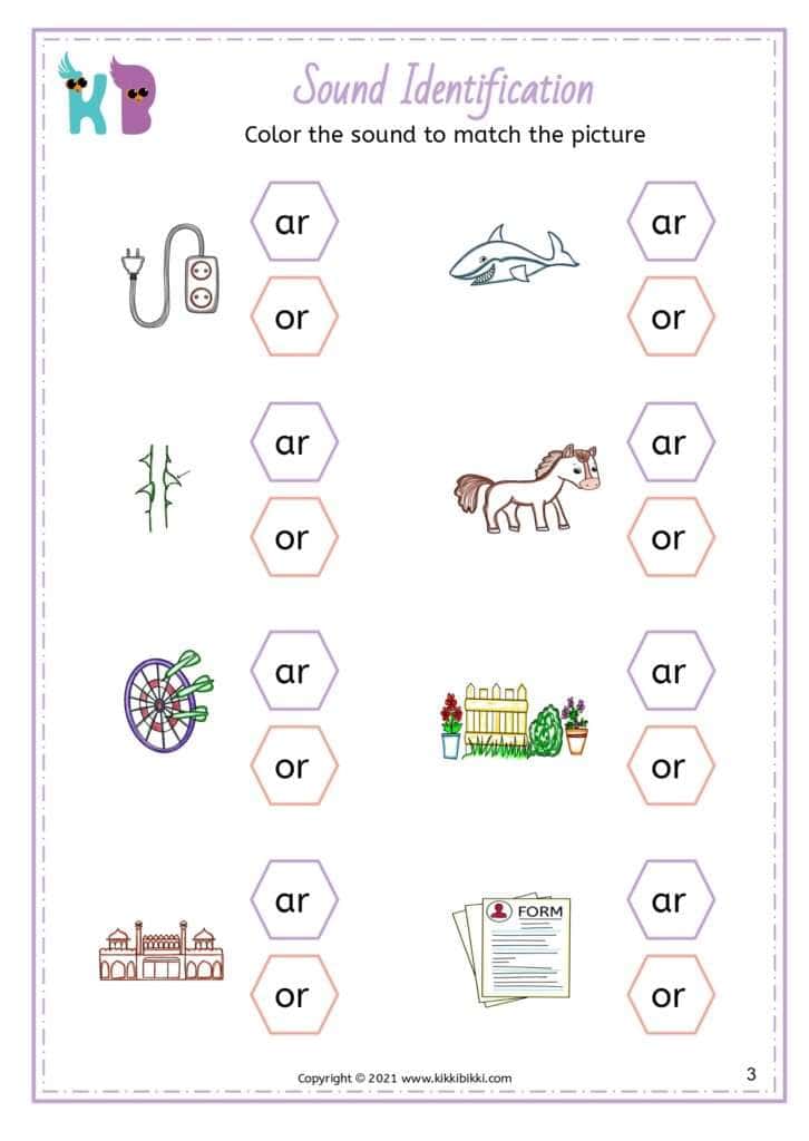 AR and OR Sound Families - Sound Identification Worksheets