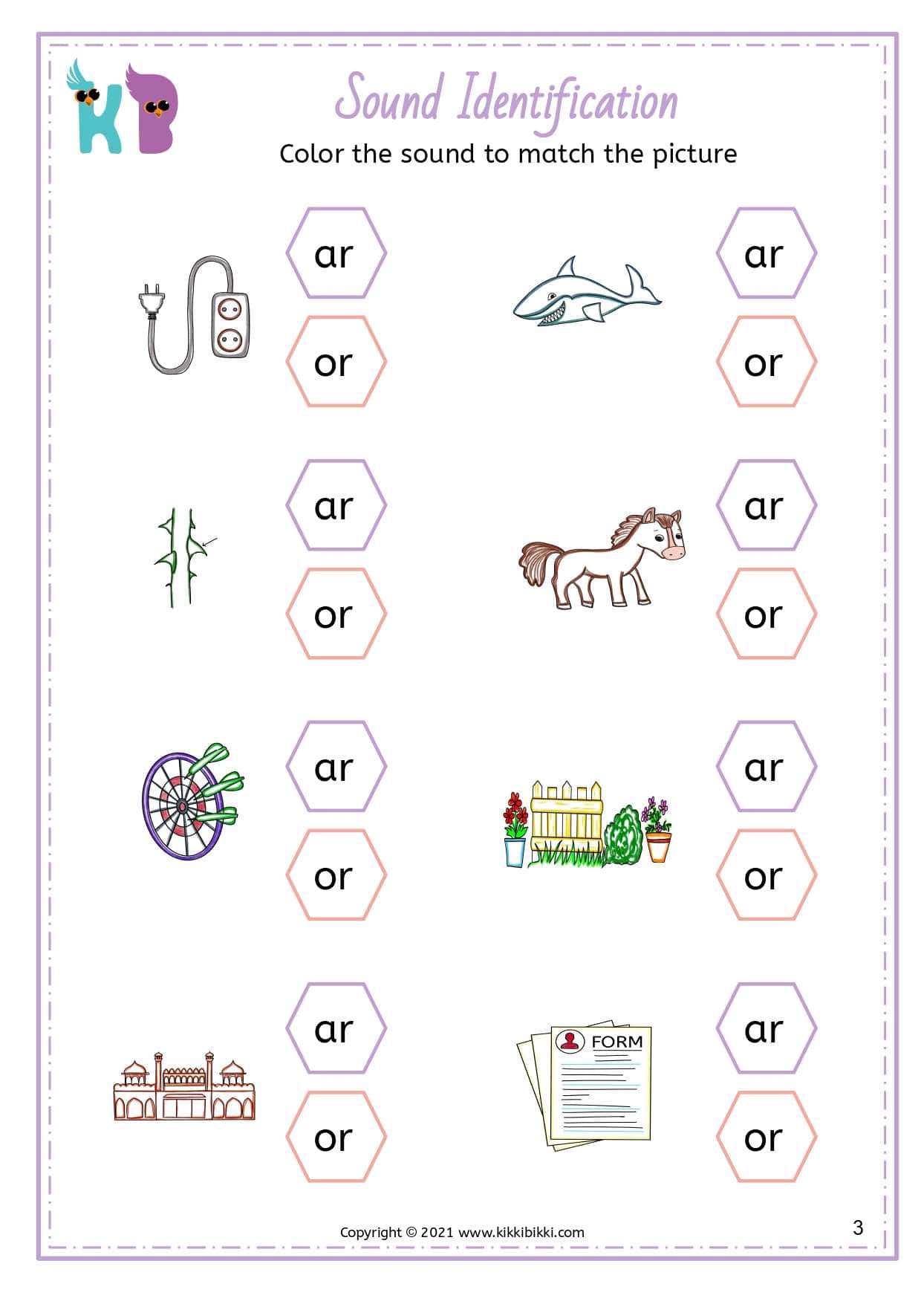 AR and OR Sound Families - Sound Identification Worksheets