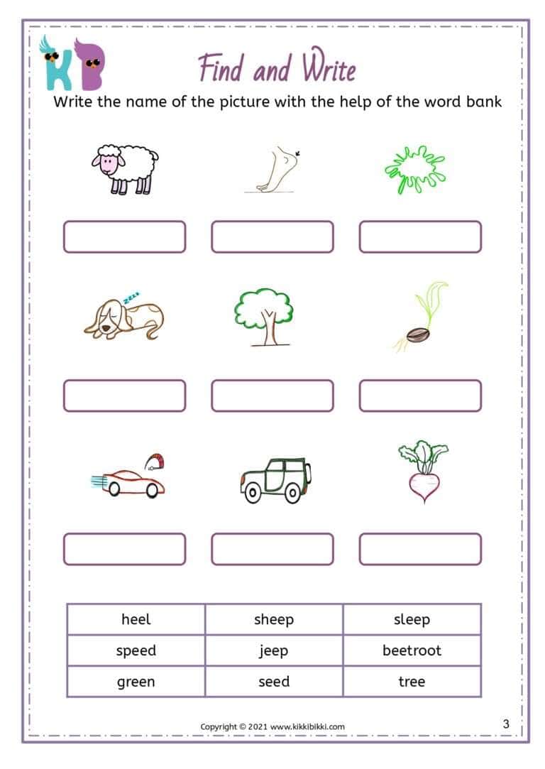 Exploring Vowel Digraphs: EE Sound Find and Write Worksheets